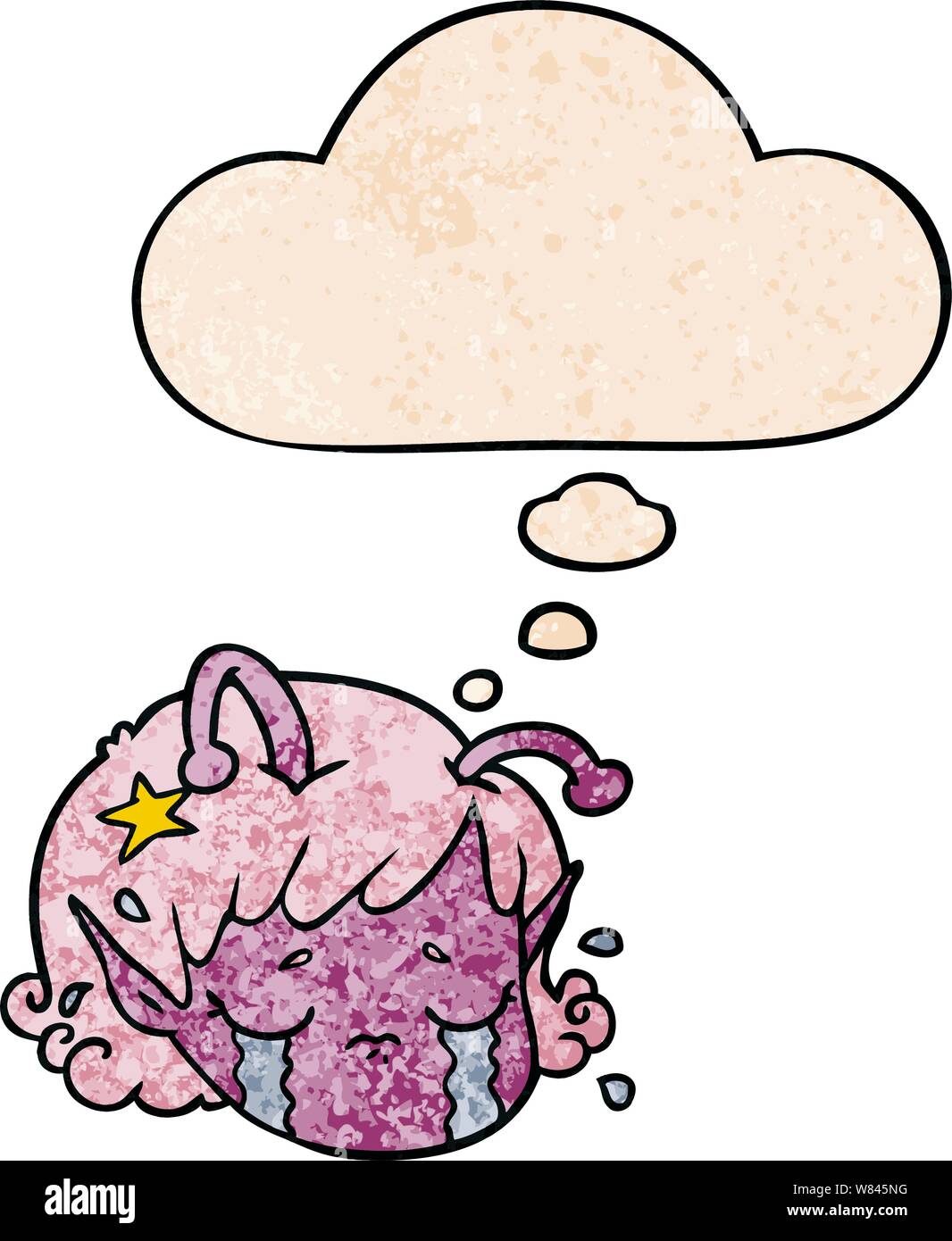 cartoon alien space girl face crying with thought bubble in grunge ...