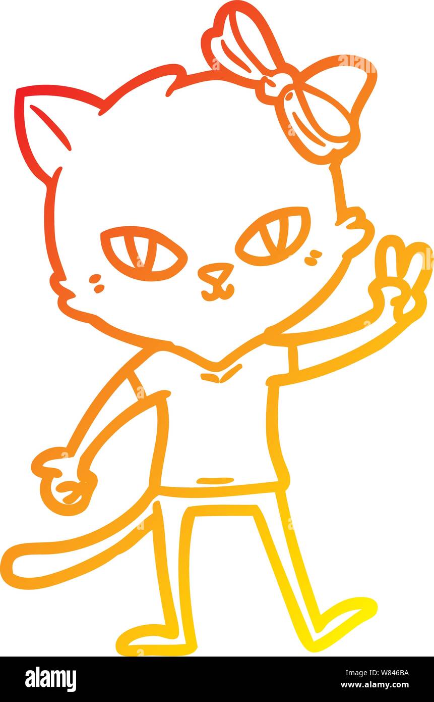 warm gradient line drawing of a cute cartoon cat girl giving peace sign ...