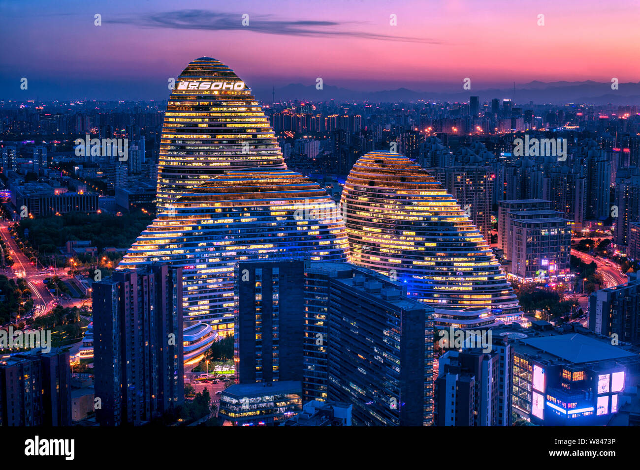 Night view of the Wangjing area with the Wangjing SOHO, center ...