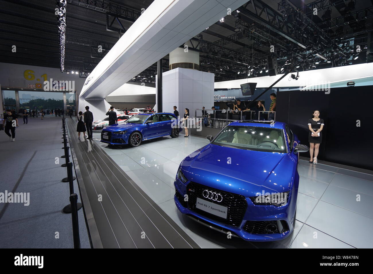 An Audi RS 7 Sportback and other Audi cars are on display during the ...
