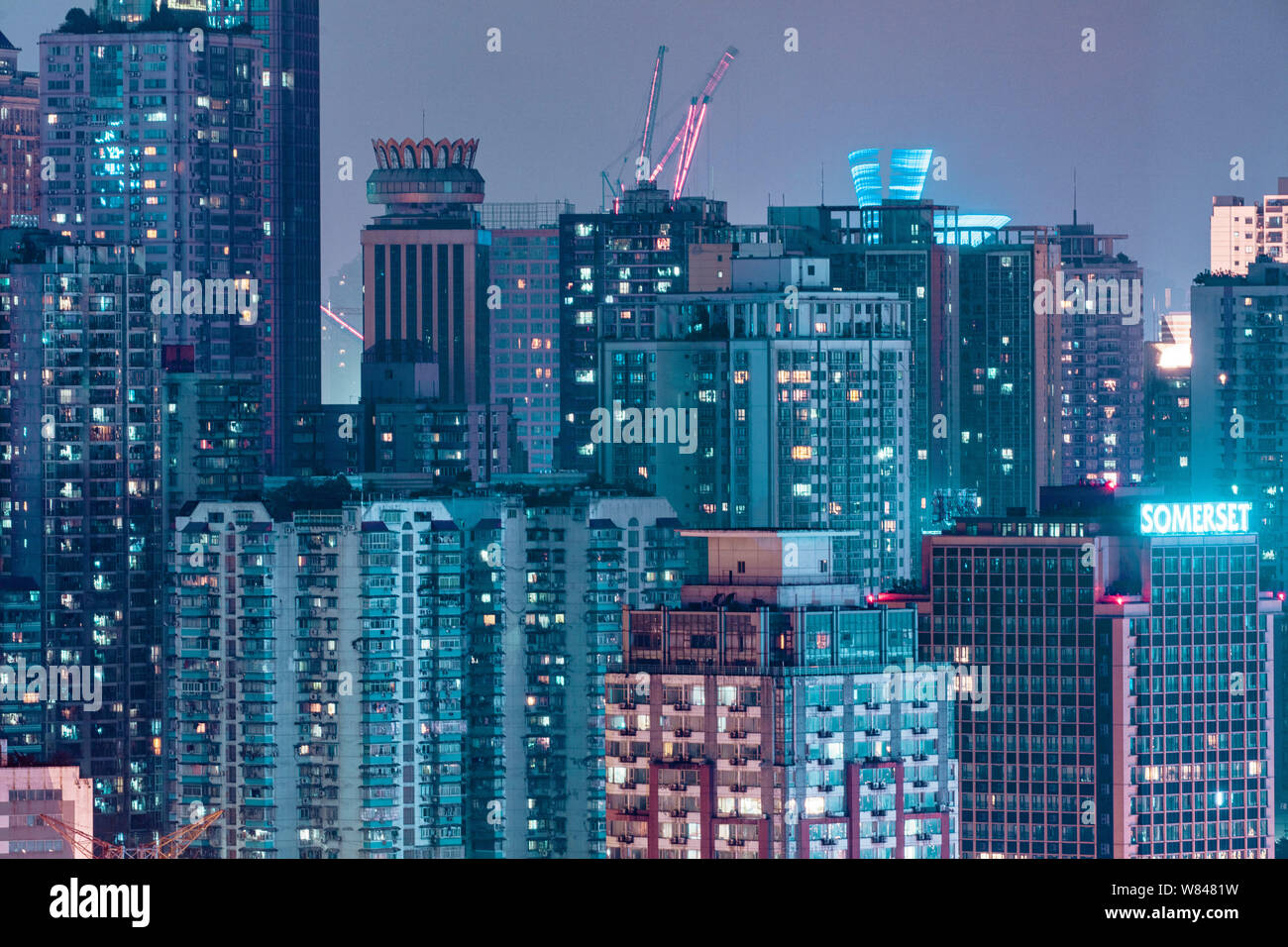Night view of illuminated skyscrapers and high-rise buildings in ...