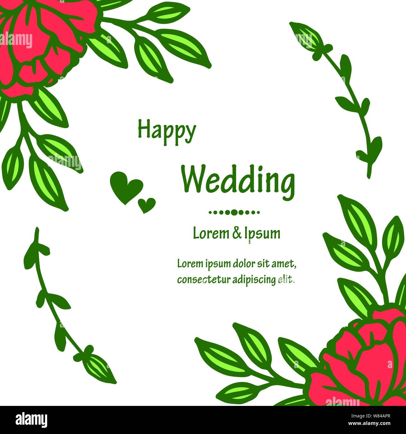 Template of happy wedding, with drawing elegant red flower frame, for ...
