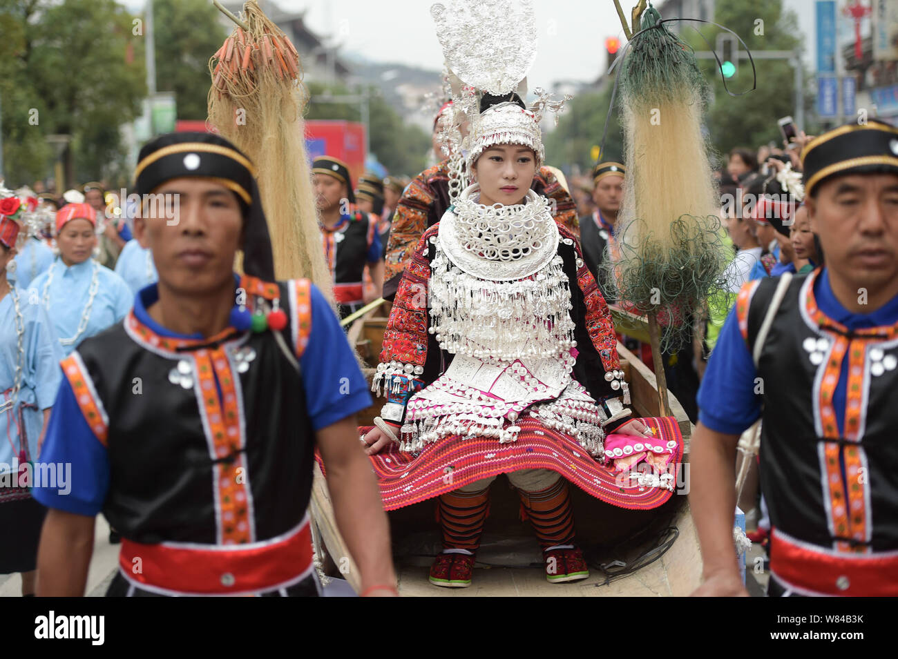 Chinese people of Miao ethnic minority dressed in traditional costume ...