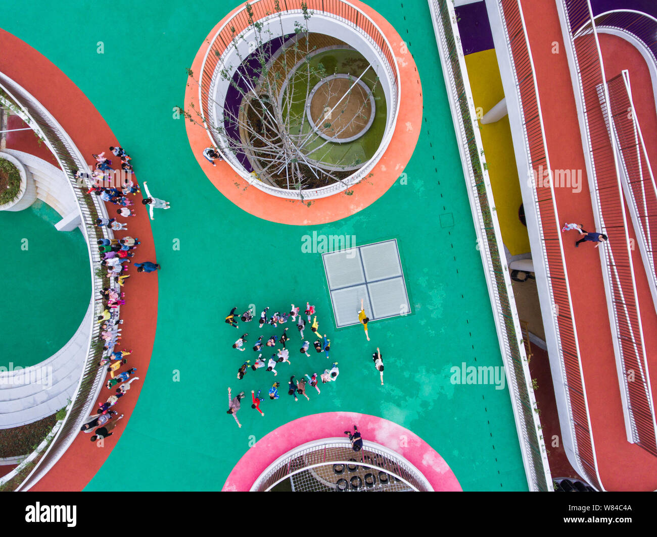 Aerial view of running tracks on the rooftop of a building at a newly ...