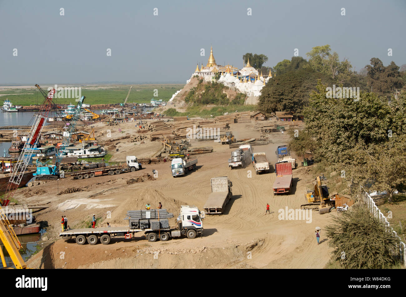 on the banks of the Irrawaddy river, trucks load tree trunks that will ...