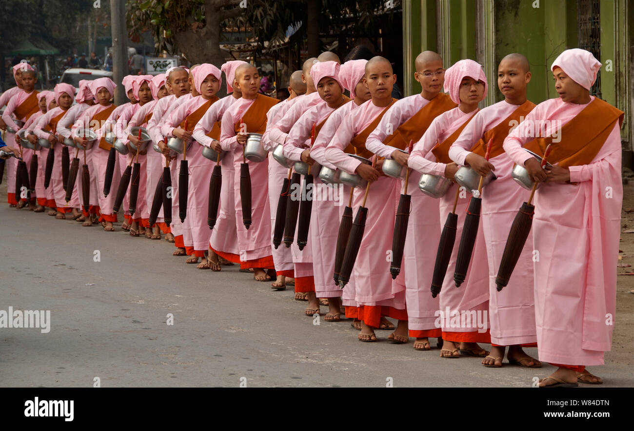 a line of female Buddhist monks walk the streets of Mandalay while ...