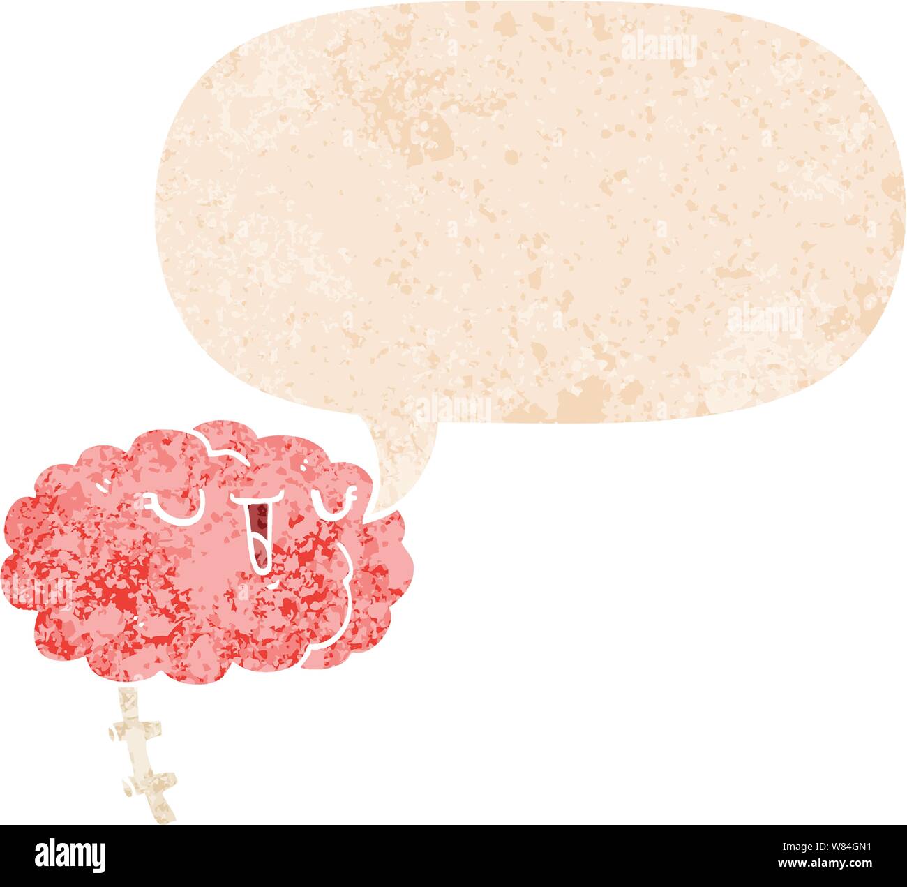 happy cartoon brain with speech bubble in grunge distressed retro ...