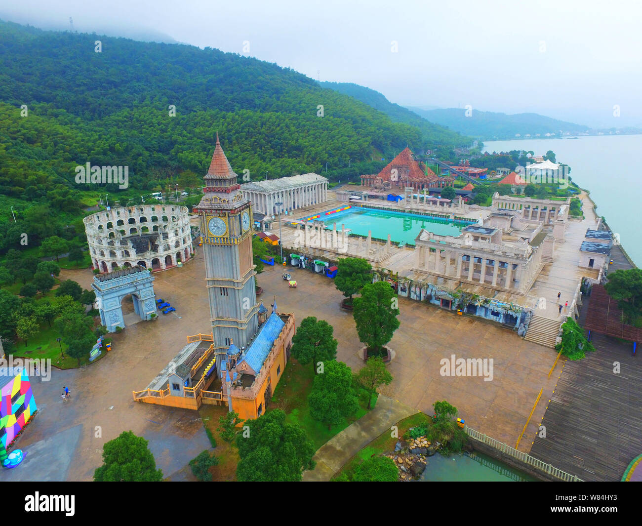 General view of replicas of world landmarks at a scenic spot in Ningbo ...