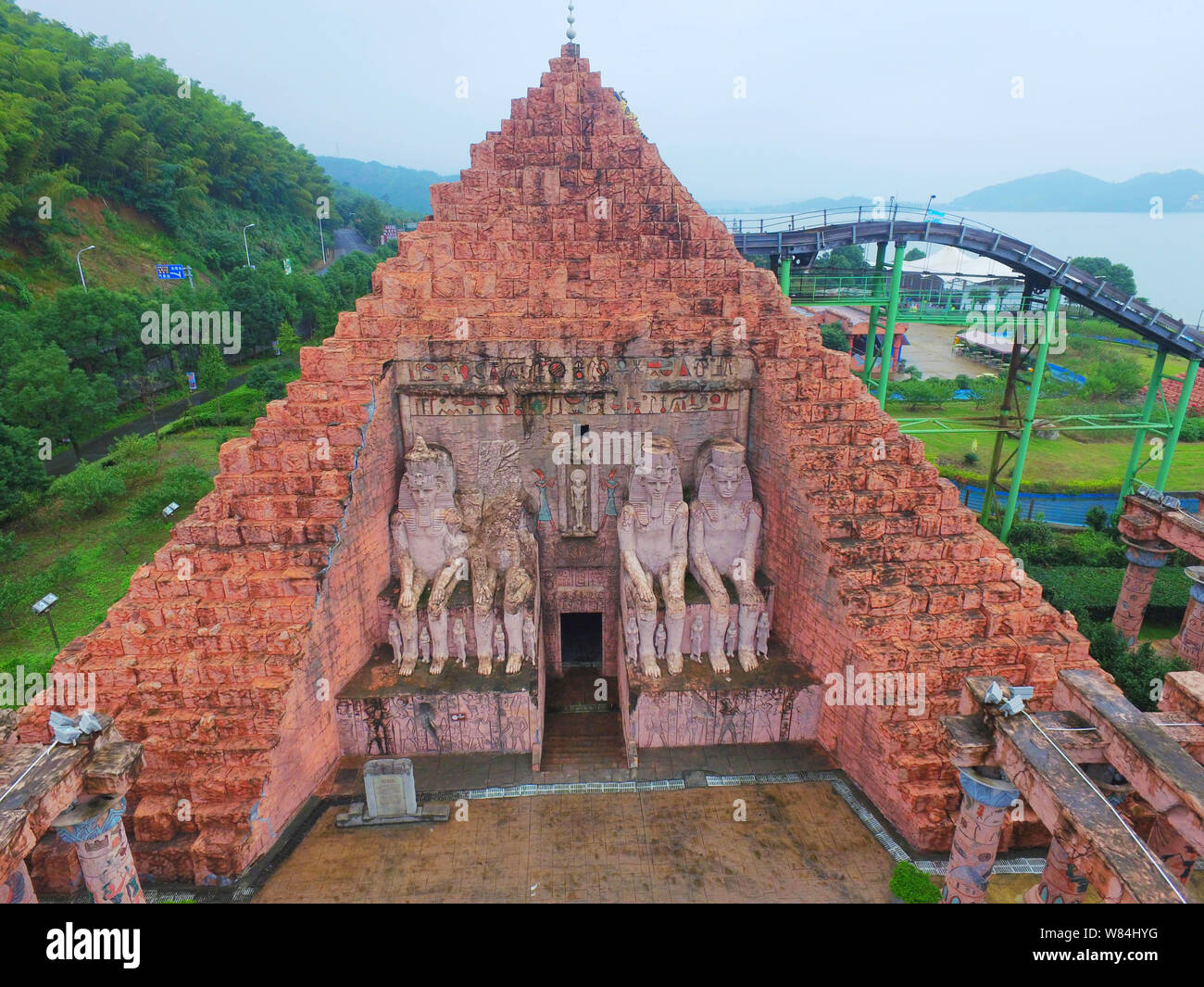 Aerial view of a replica of the Giza pyramid complex at a scenic spot ...