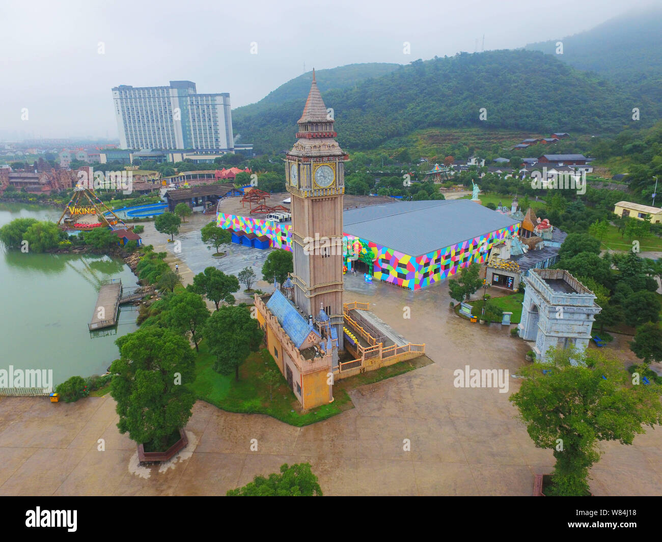 General view of replicas of world landmarks at a scenic spot in Ningbo ...