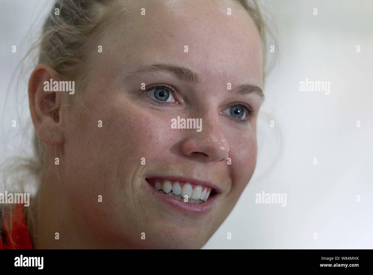 Caroline Wozniacki of Denmark attends a press conference after ...