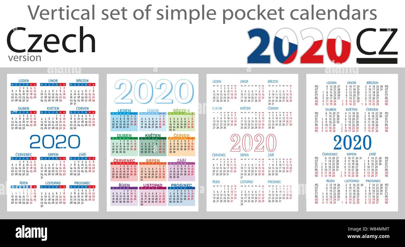 Czech vertical set of pocket calendars for 2020 (Two thousand nineteen). Week starts Monday. New ...