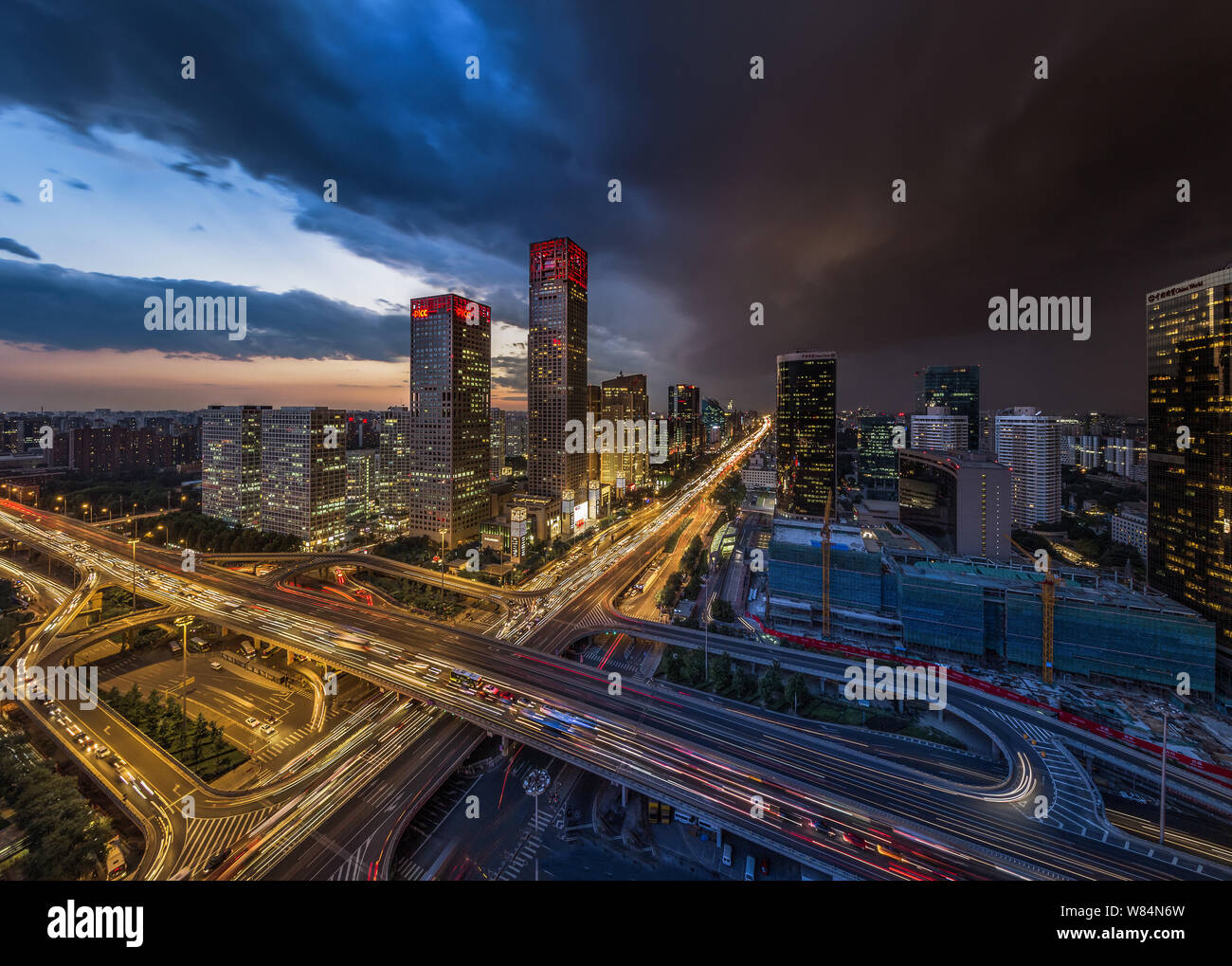 Night view of CBD (Central Business District) with skyscrapers, high ...