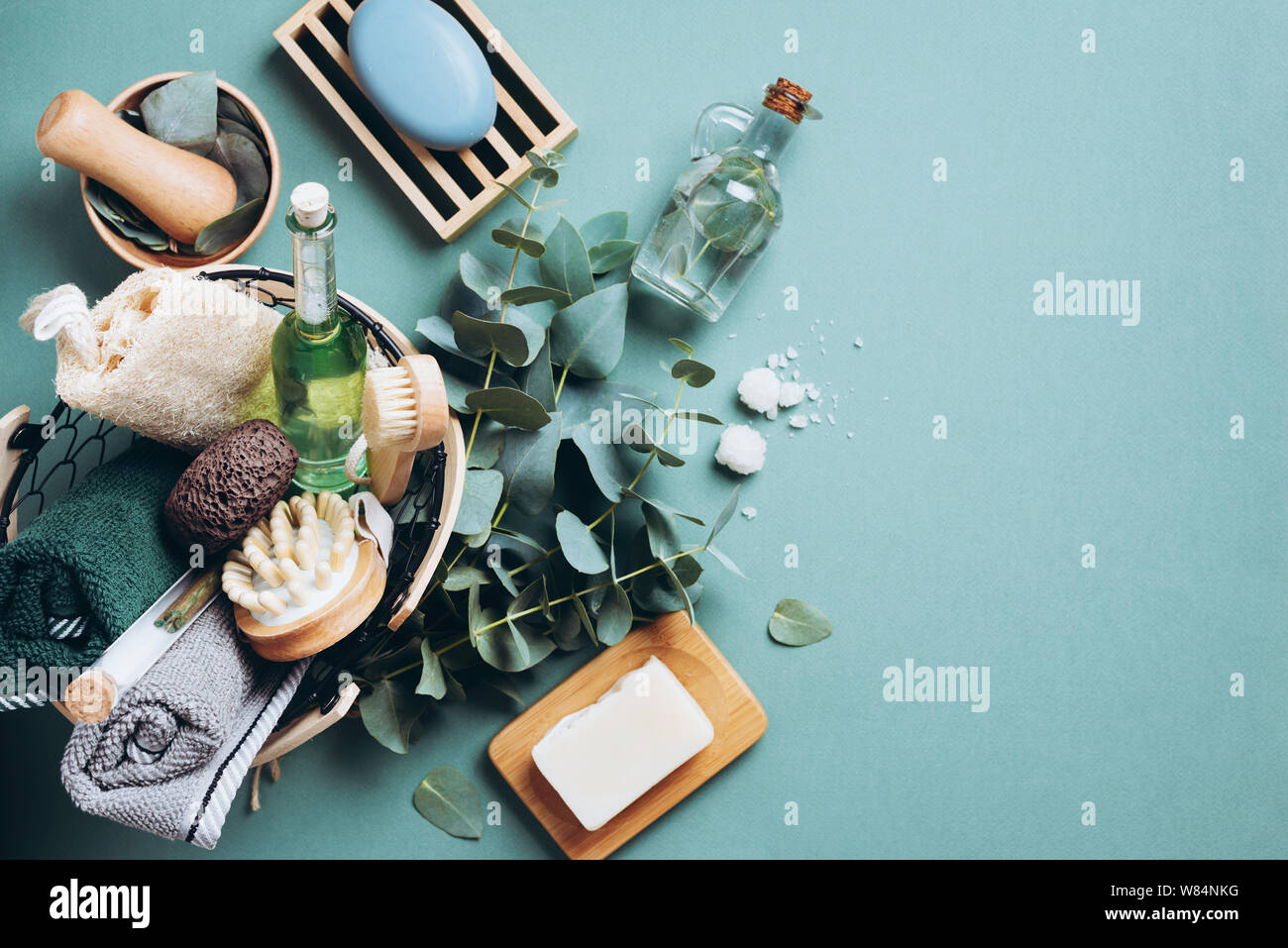 Massage and Spa products with eucalyptus on a light background Stock ...