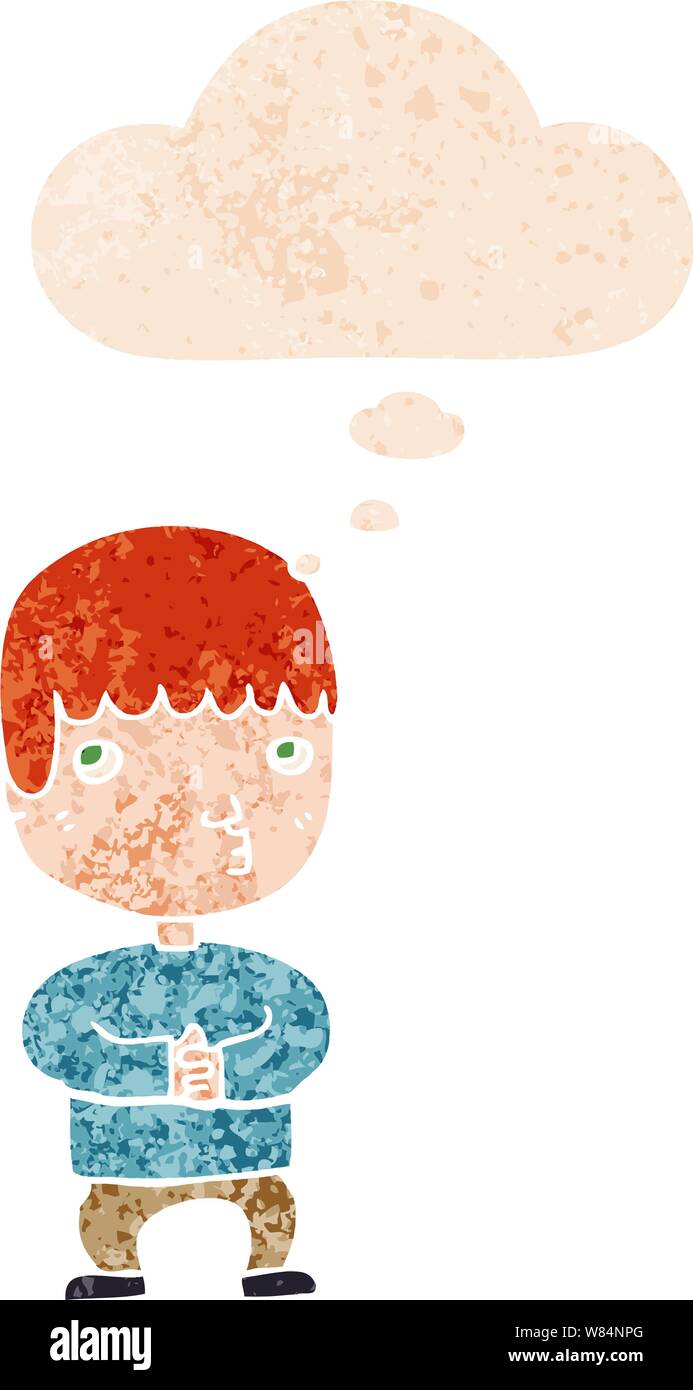 cartoon man thinking with thought bubble in grunge distressed retro ...