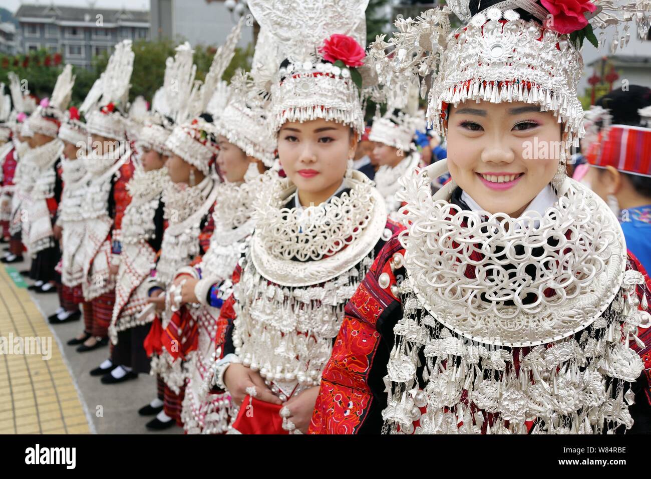 Young Chinese women of Miao ethnic minority dressed in traditional ...