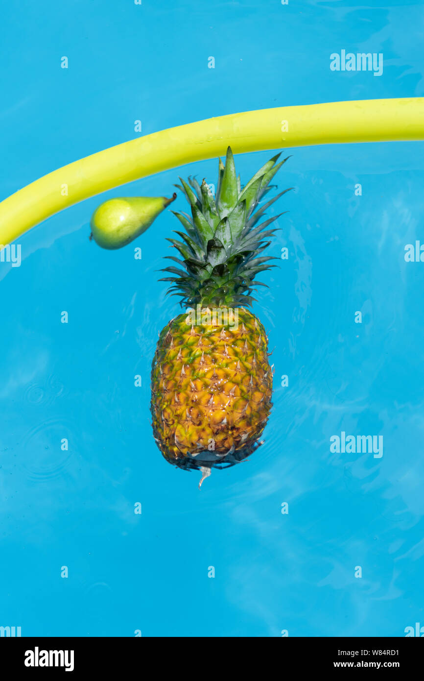 Top view of a sweet exotic pineapple and a freshly harvested green pear ...