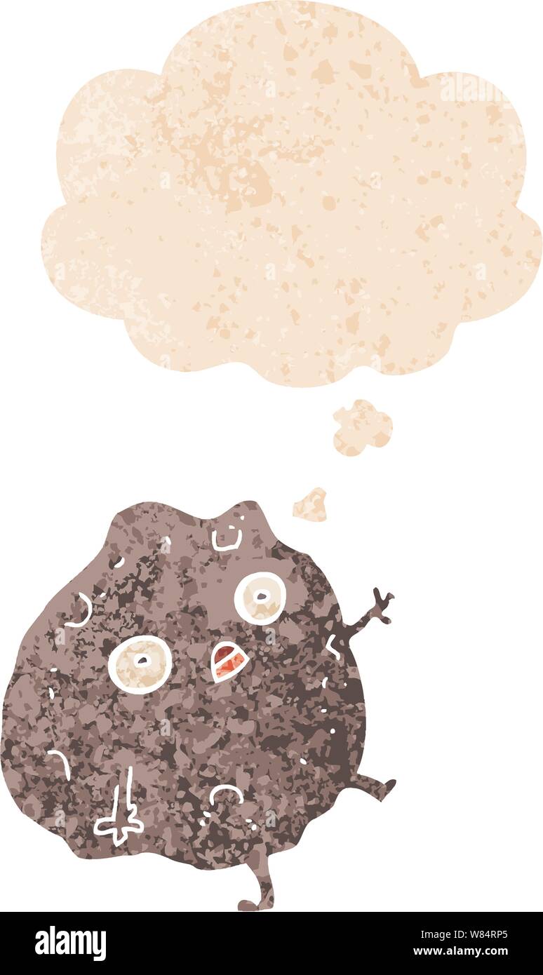 cartoon rock falling with thought bubble in grunge distressed retro ...