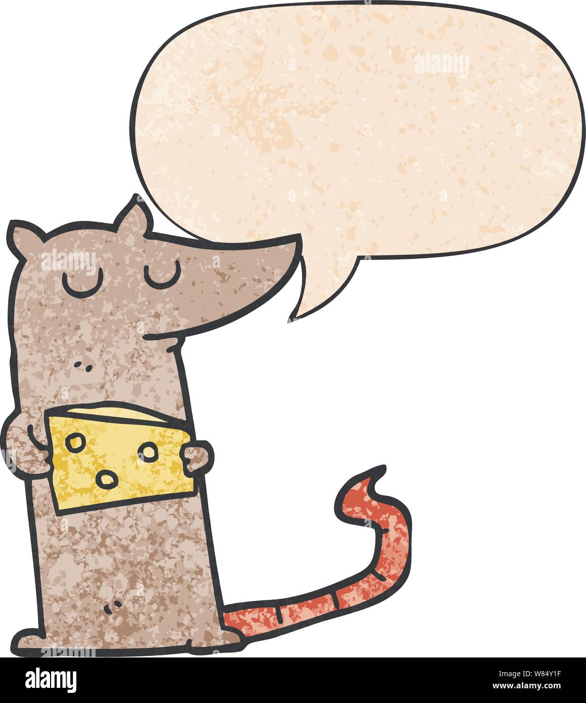 cartoon mouse with cheese with speech bubble in retro texture style ...