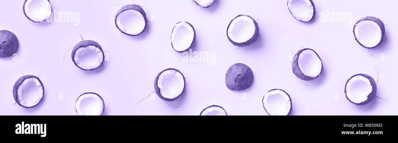 Pattern with ripe coconuts on trendy violet color background. Top View ...