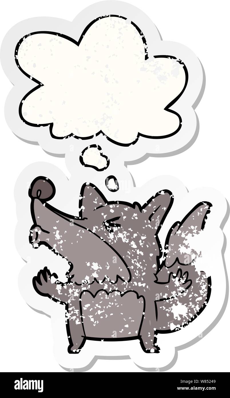 cartoon werewolf howling with thought bubble as a distressed worn ...