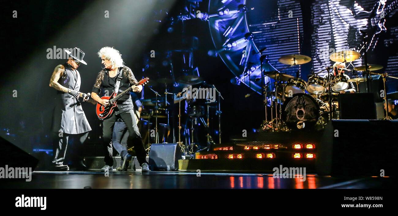 American singer Adam Lambert, left, and English band Queen perform ...
