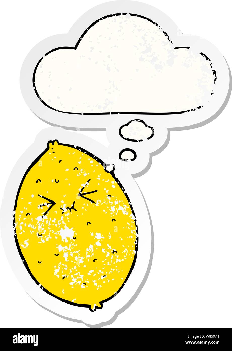 cartoon bitter lemon with thought bubble as a distressed worn sticker ...