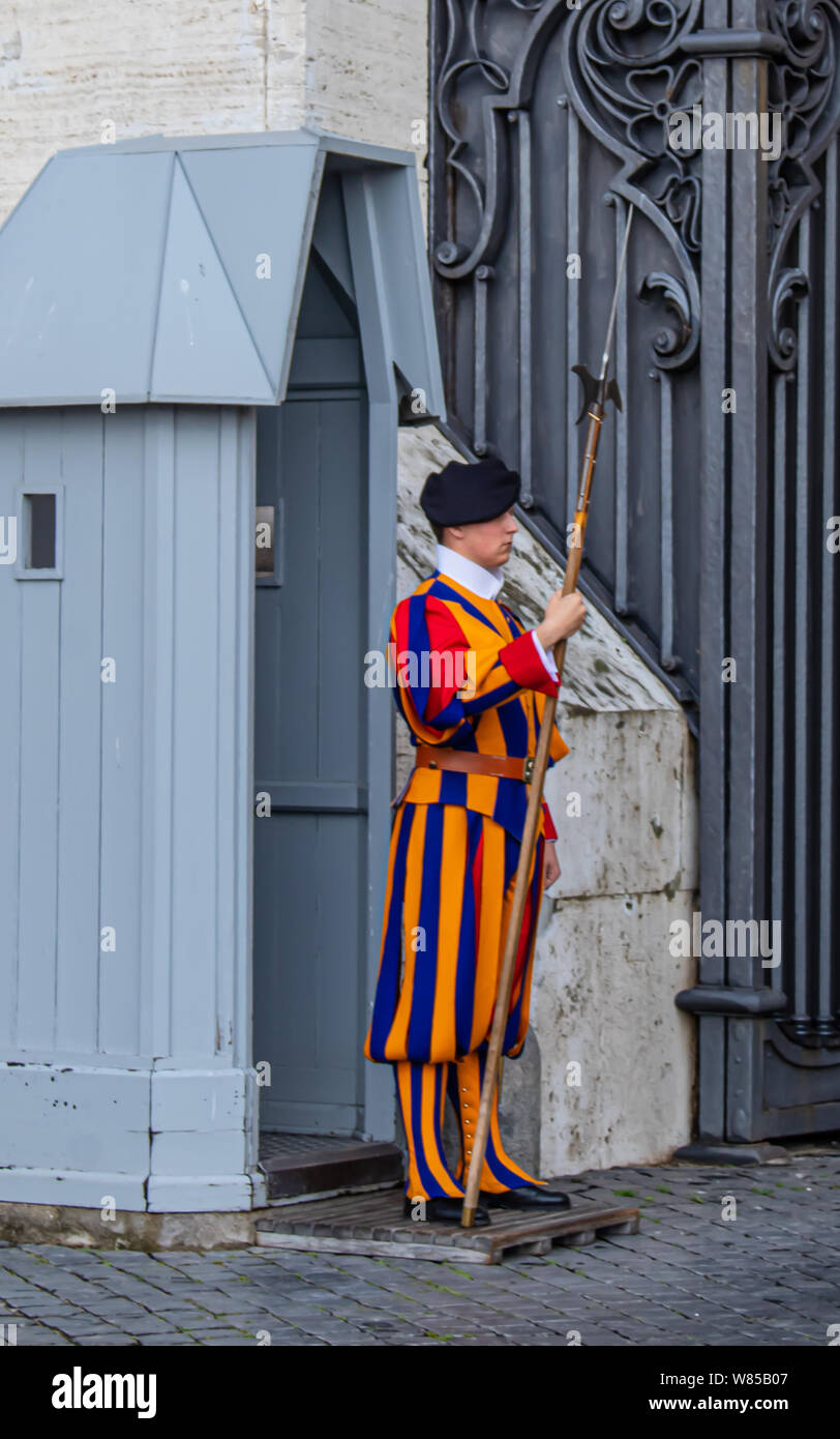 VATICAN CITY, ROME - APRIL 29, 2019: Traditional Papal Swiss guard with ...
