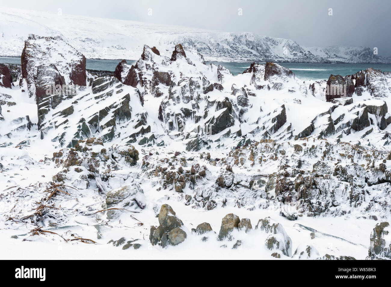 Winter landscape in the Persfjord, Varanger-peninsula, Finnmark, Norway ...