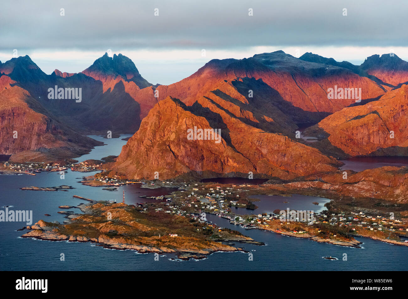 Aerial view of Moskenes and Sorvagen, viewed from east. Moskenes ...