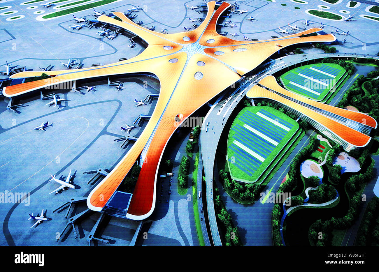 A signboard showing an artist's redition of the new Beijing airport ...