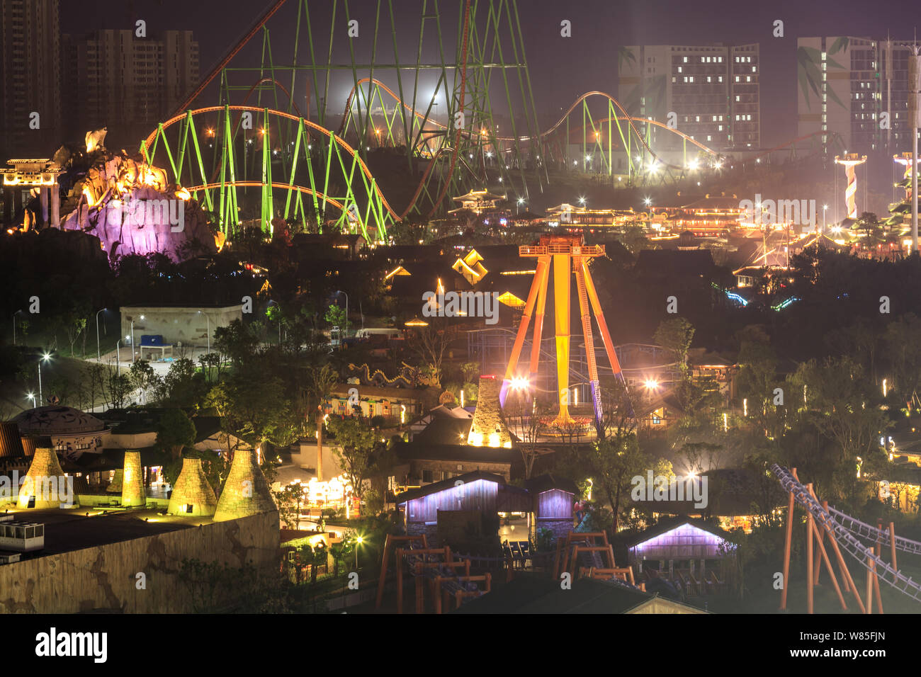 Night view of the amusement park next to the Wanda Mall at the Nanchang ...