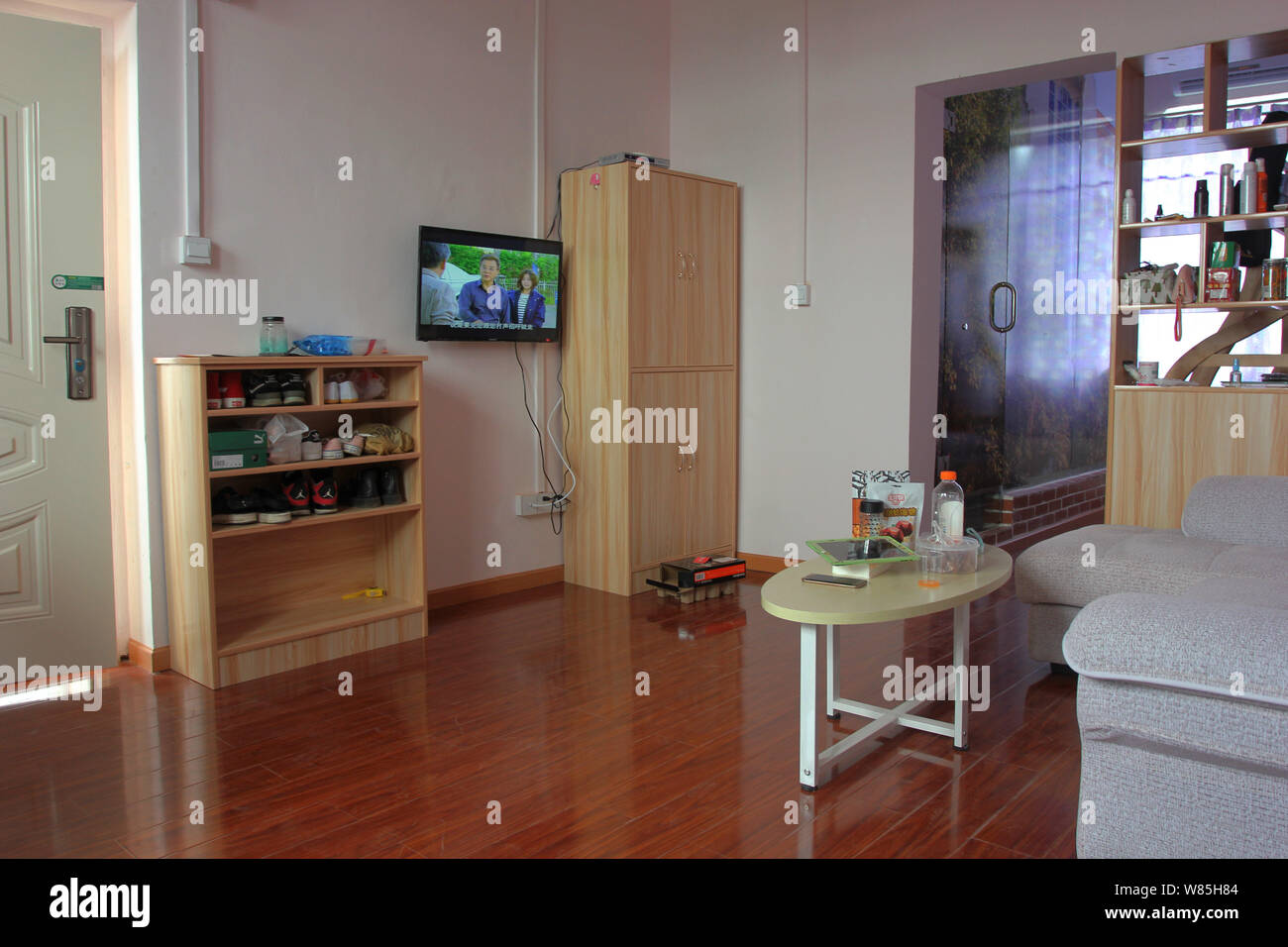 View of the living room in a well-equipped dormitory room for freshmen ...