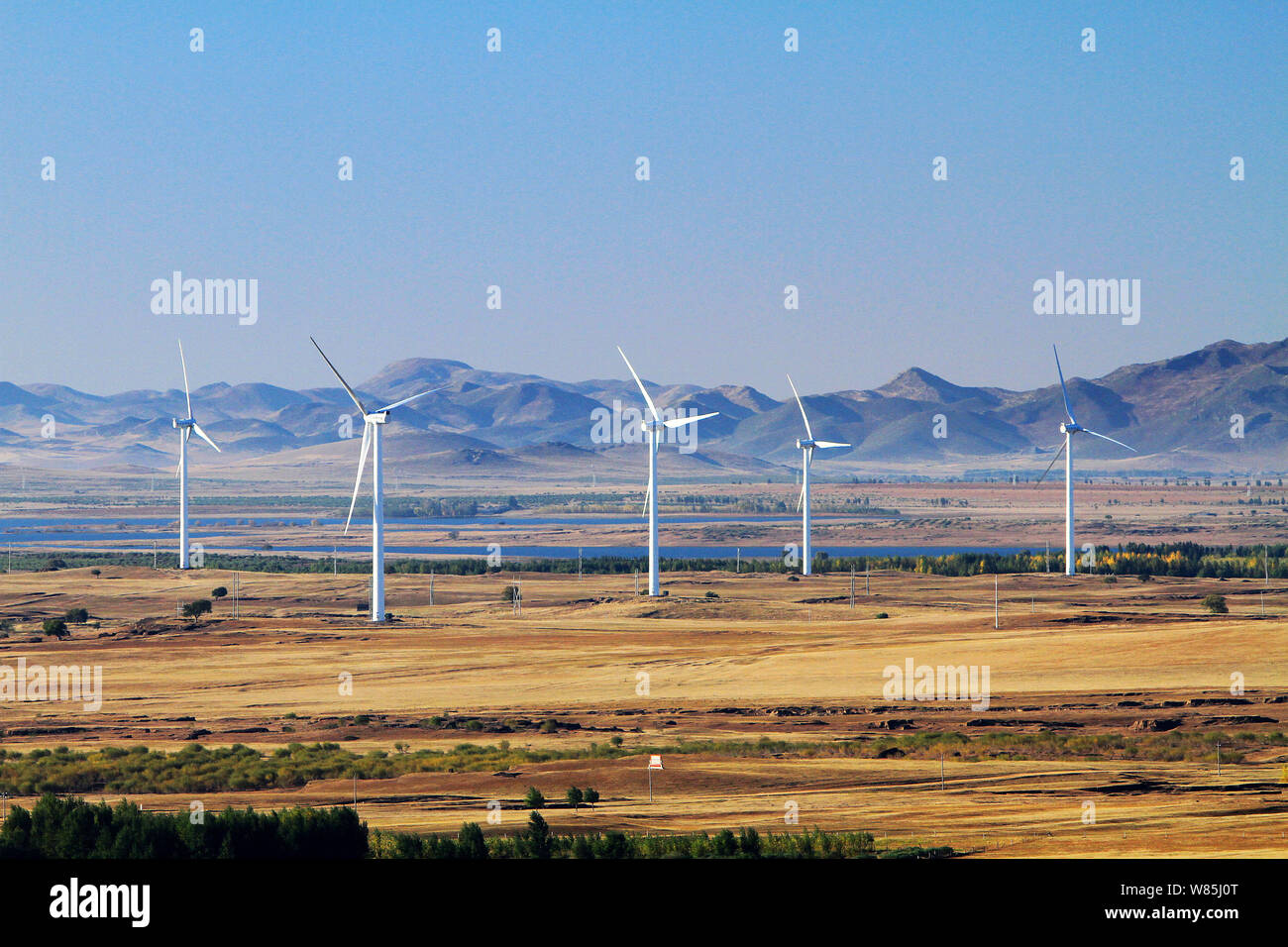 --FILE--Wind turbines whirl to generate electricity at a wind farm in ...