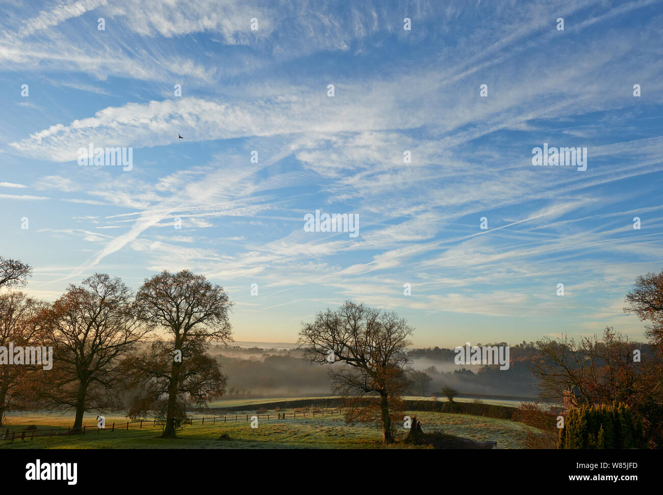 Vapour trails over Sussex weald, Ardingly, Sussex, England, UK ...