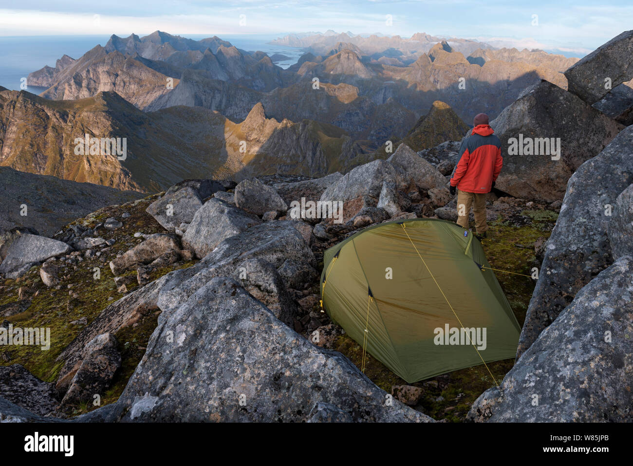 Panorama looking northeast from Hermandalstinden, with Erlend Haarberg ...