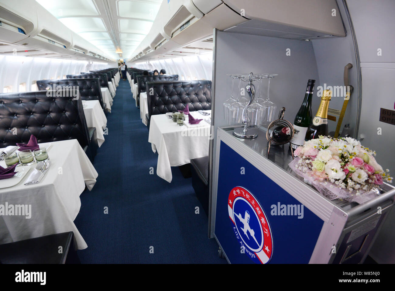 Interior view of the Boeing 737-400 airplane restaurant "Lily Airways ...