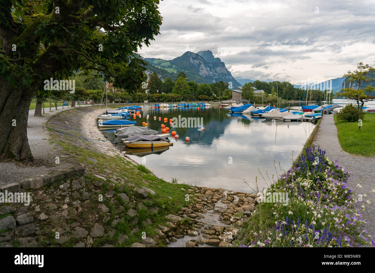 A horizontal view of an idyllic harbor with many boats and city park on ...