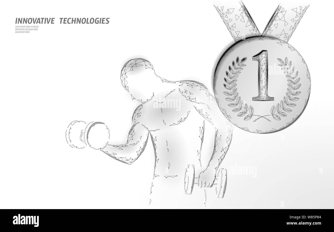 Strong sportsman weight 3D champion winner concept. Low poly medal ...