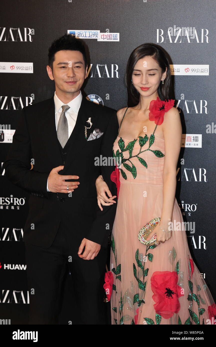 Hong Kong model and actress Angelababy, right, and her Chinese actor husband Huang Xiaoming ...
