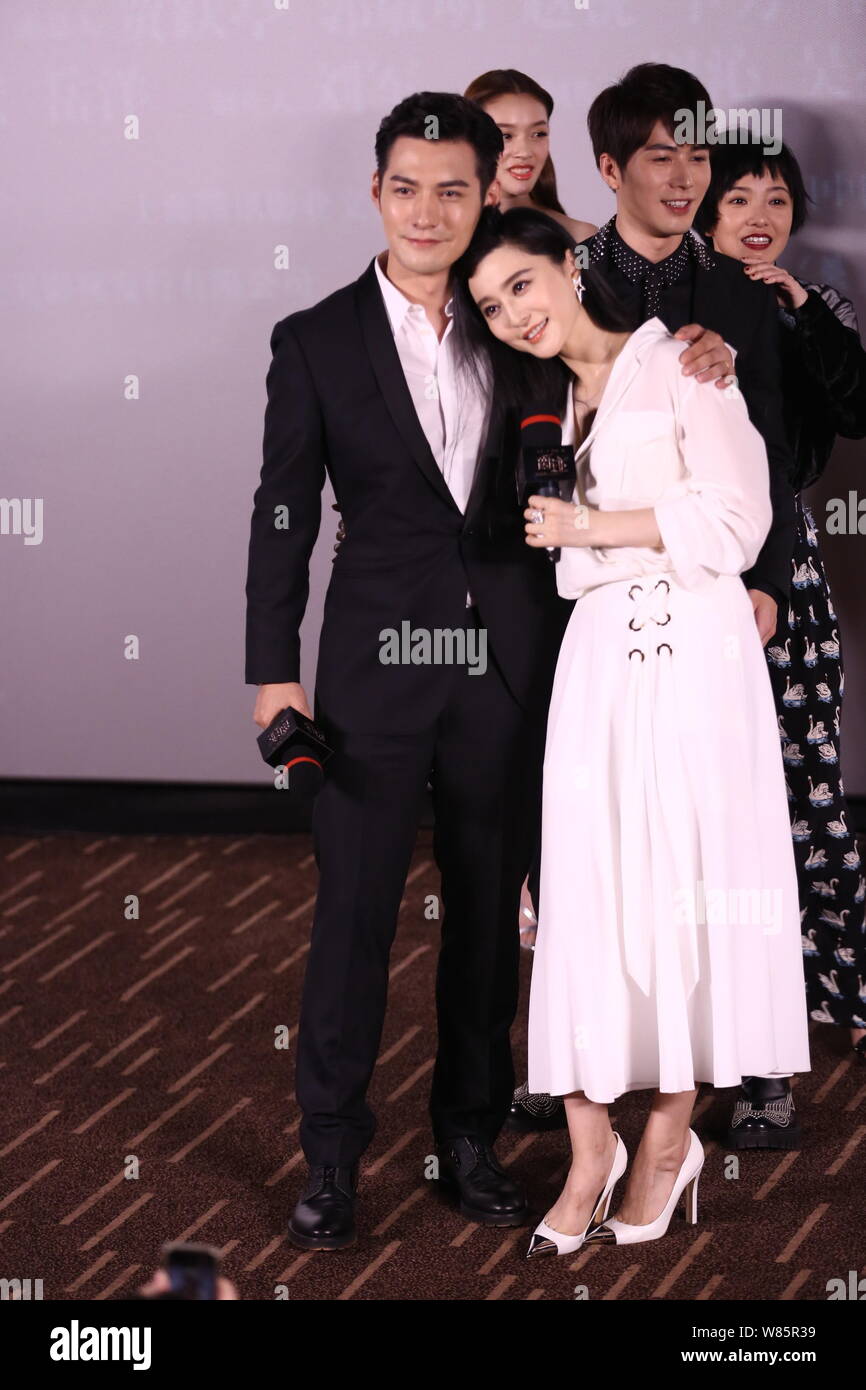 Chinese actress Fan Bingbing, right, and actor Yan Kuan pose during a ...