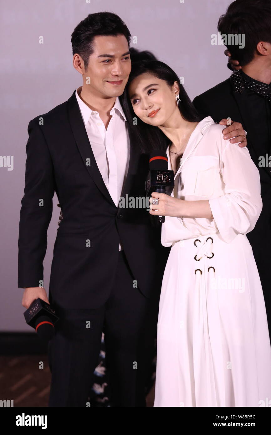 Chinese actress Fan Bingbing, right, and actor Yan Kuan pose during a ...