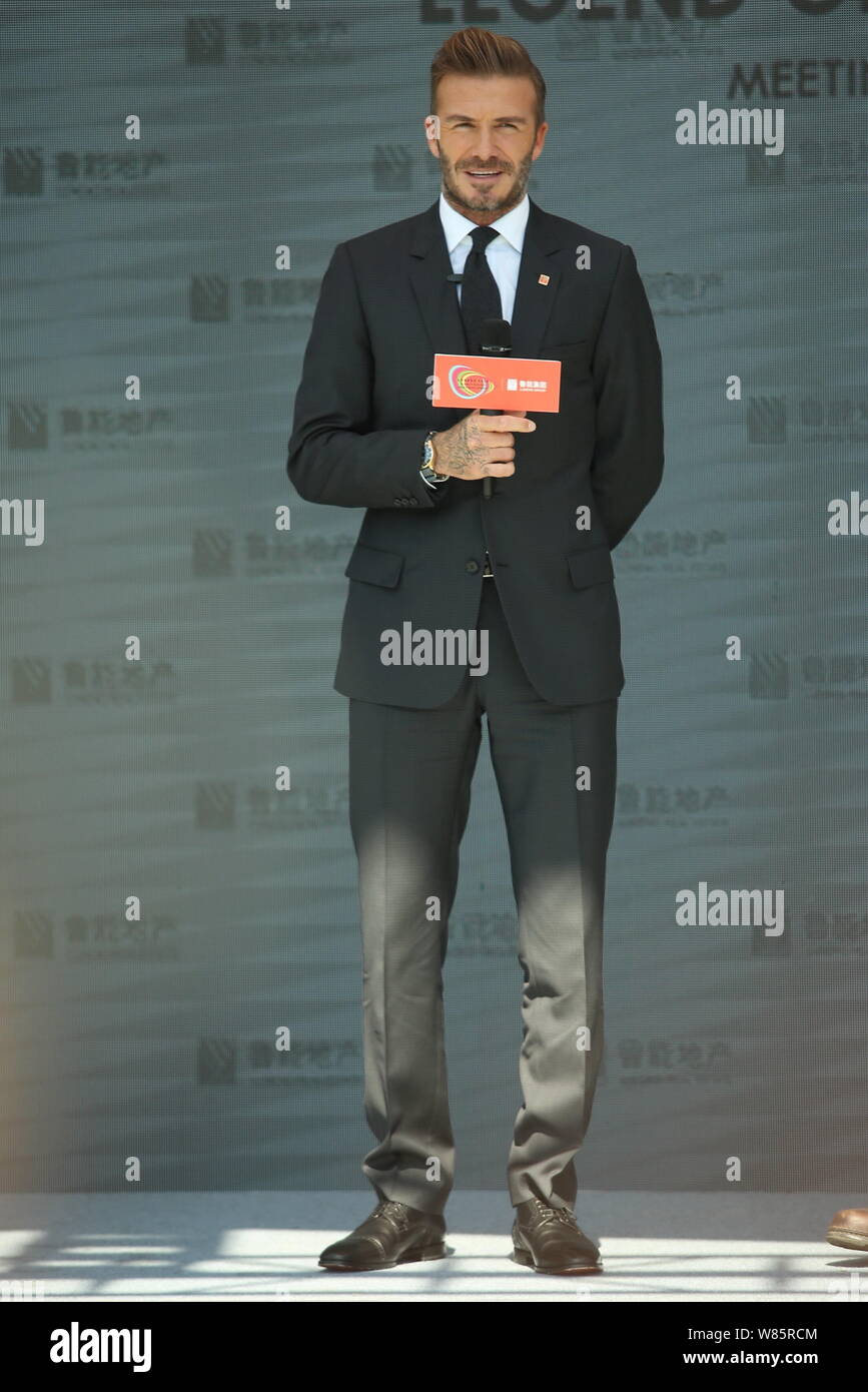 English soccer star David Beckham attends a press conference for Luneng ...