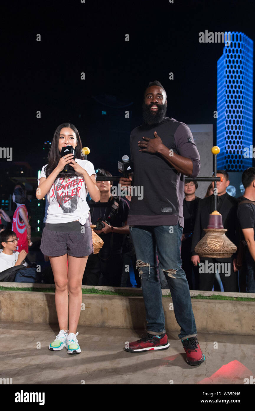 NBA star James Harden, right, attends a private party to promote Adidas ...