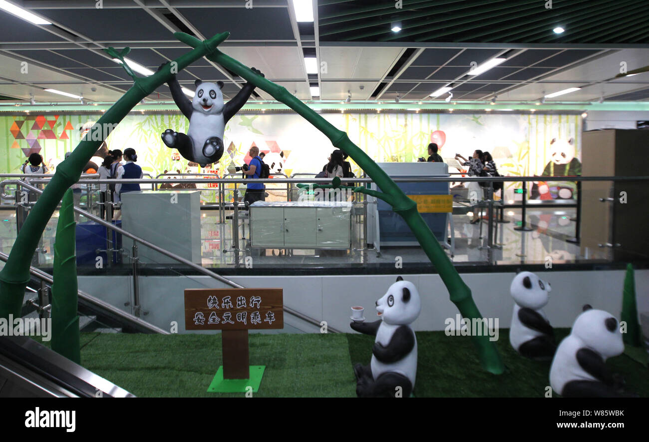View of a panda-themed metro station of subway Line 3 in Chengdu city ...