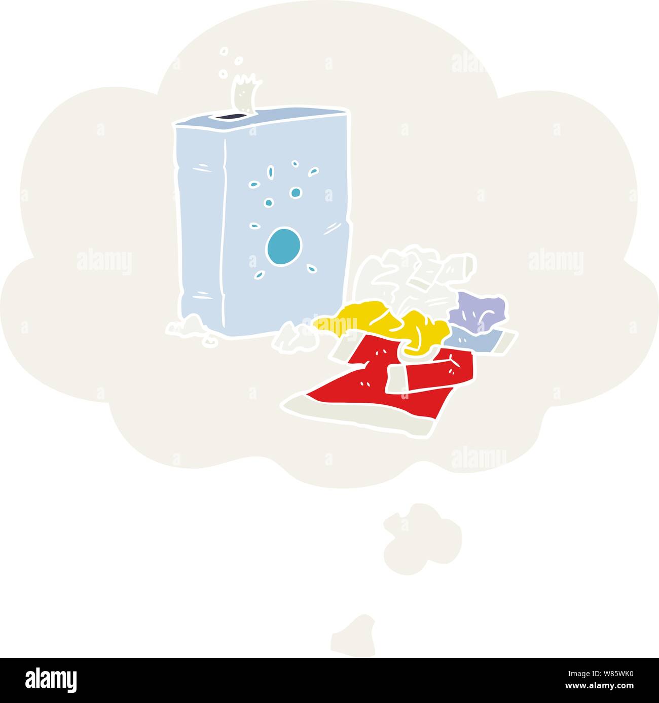 cartoon washing powder and laundry with thought bubble in retro style ...