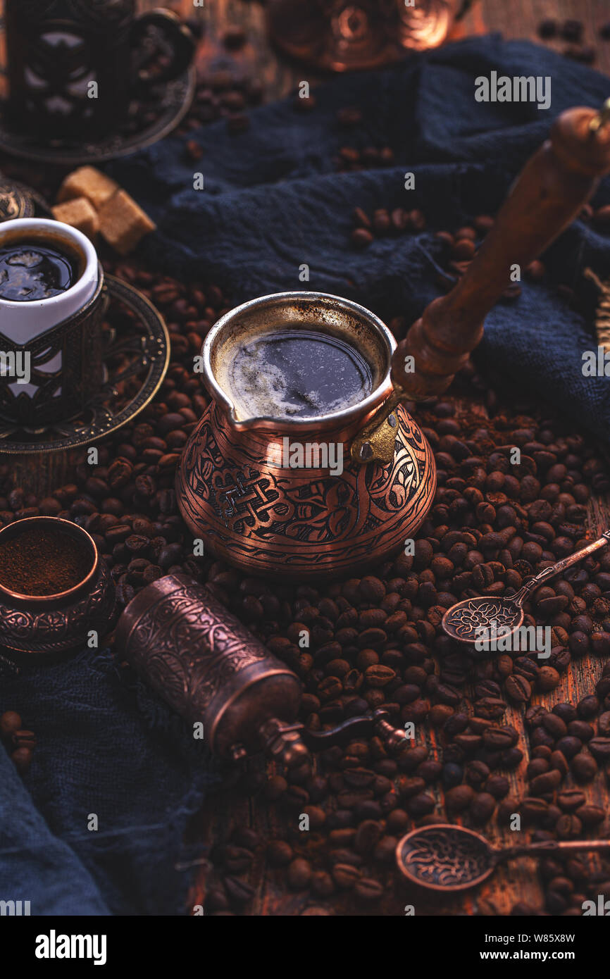 Turkish copper coffee pot (Cezve), vintage coffee grinder, cup and ...