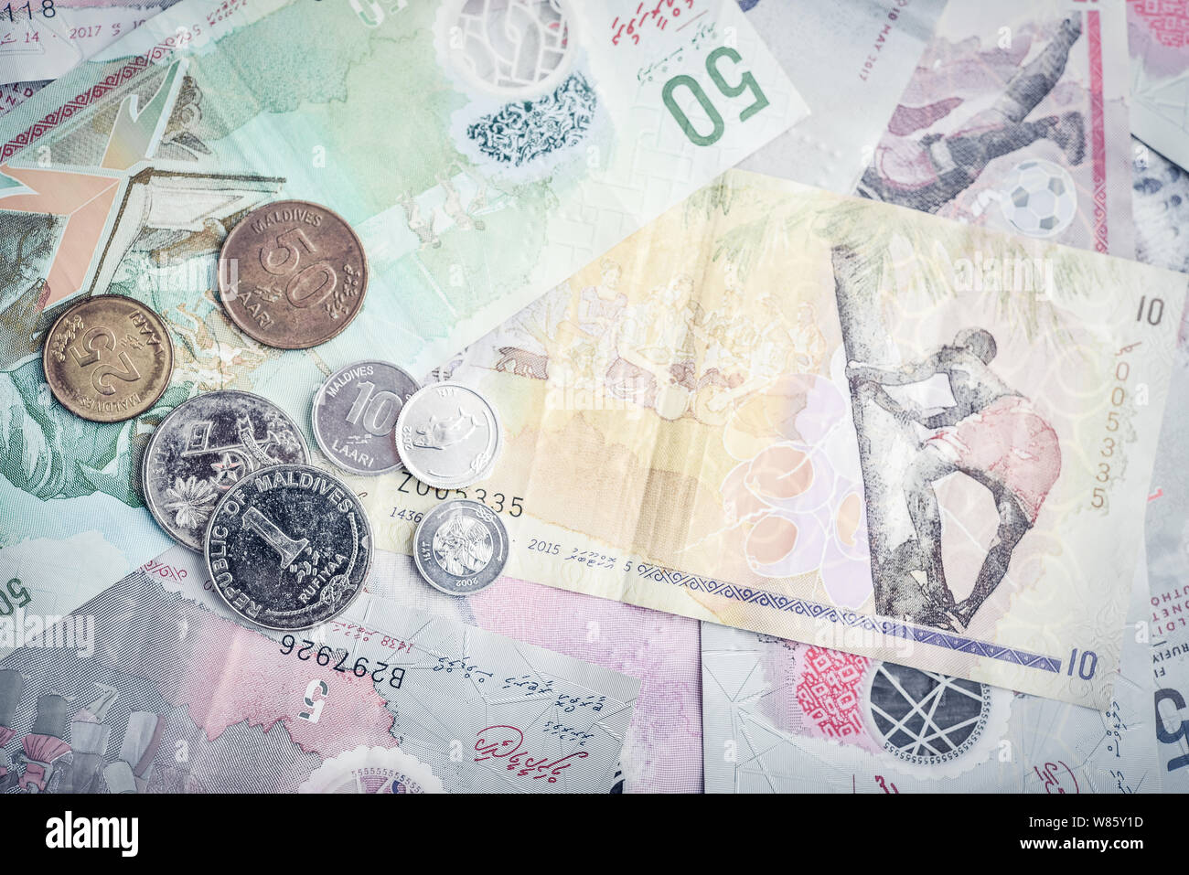 Maldivian money rufiyaa: different banknotes and coins closeup. Can be ...