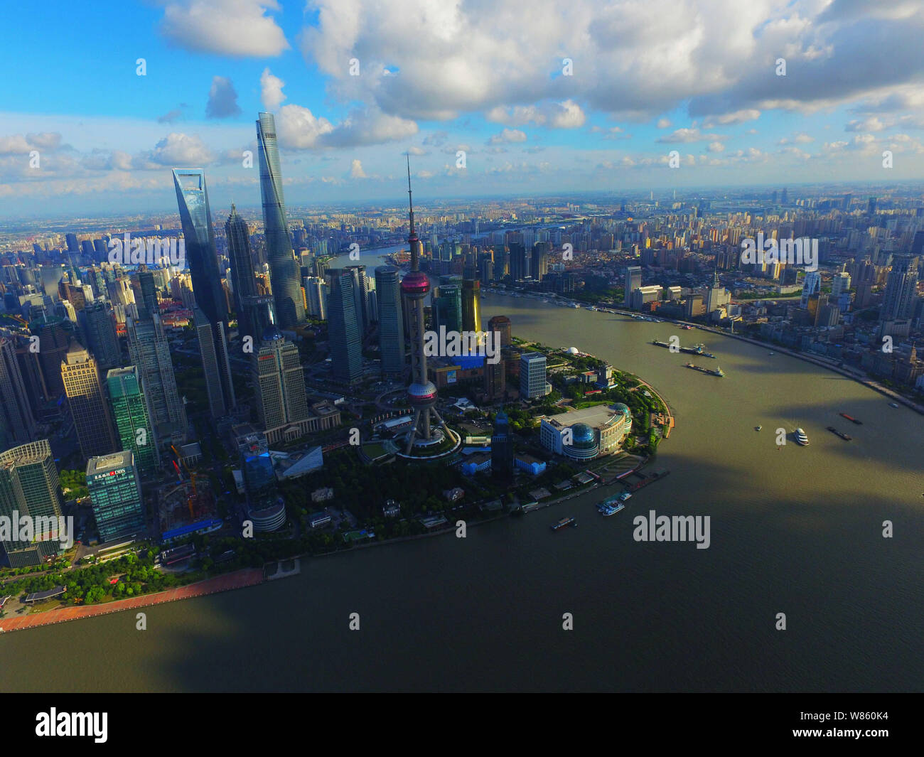 Skyline of Puxi, Huangpu River and the Lujiazui Financial District with ...