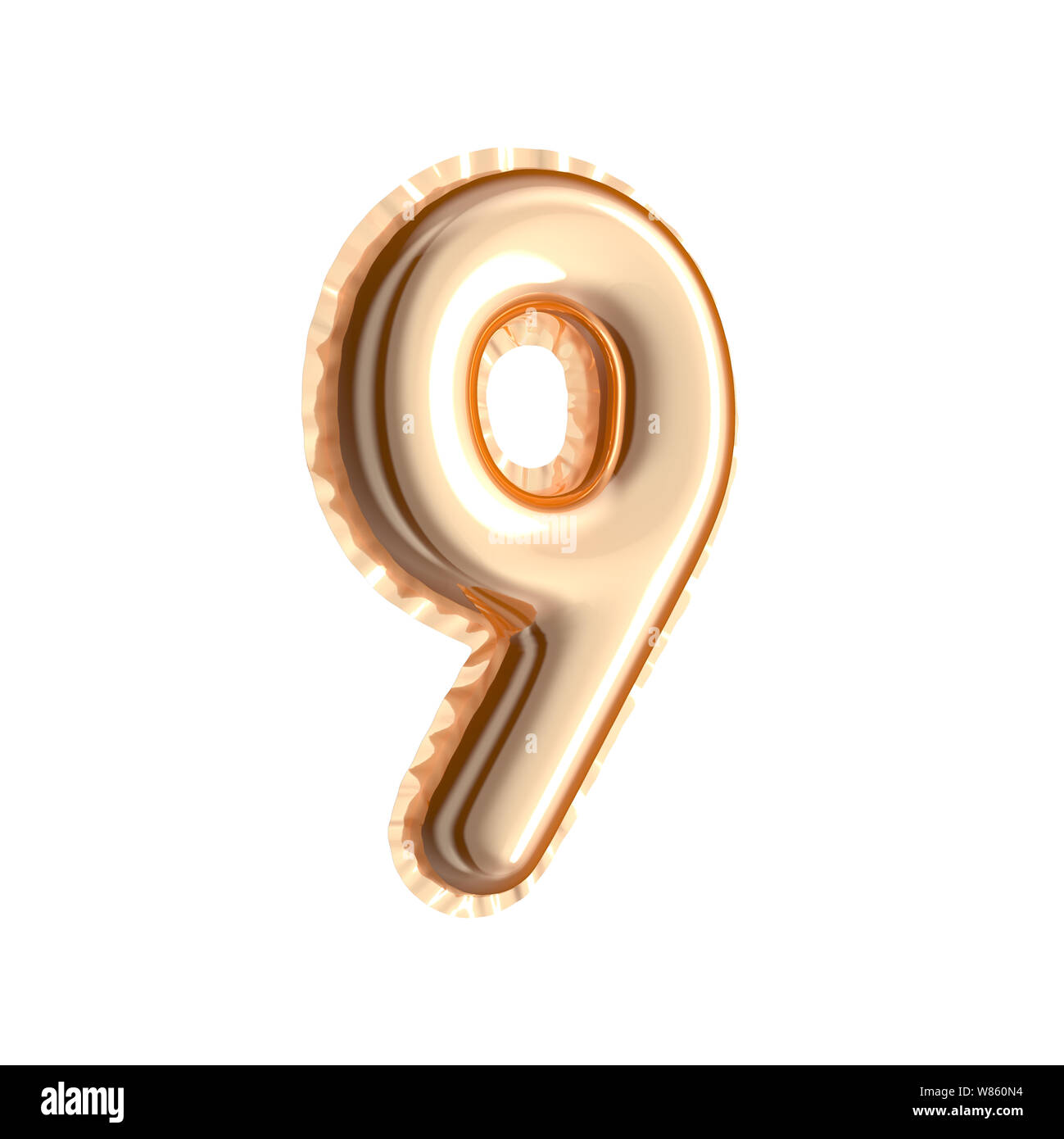 Golden color right tilt balloon number 9 isolated on white background ...